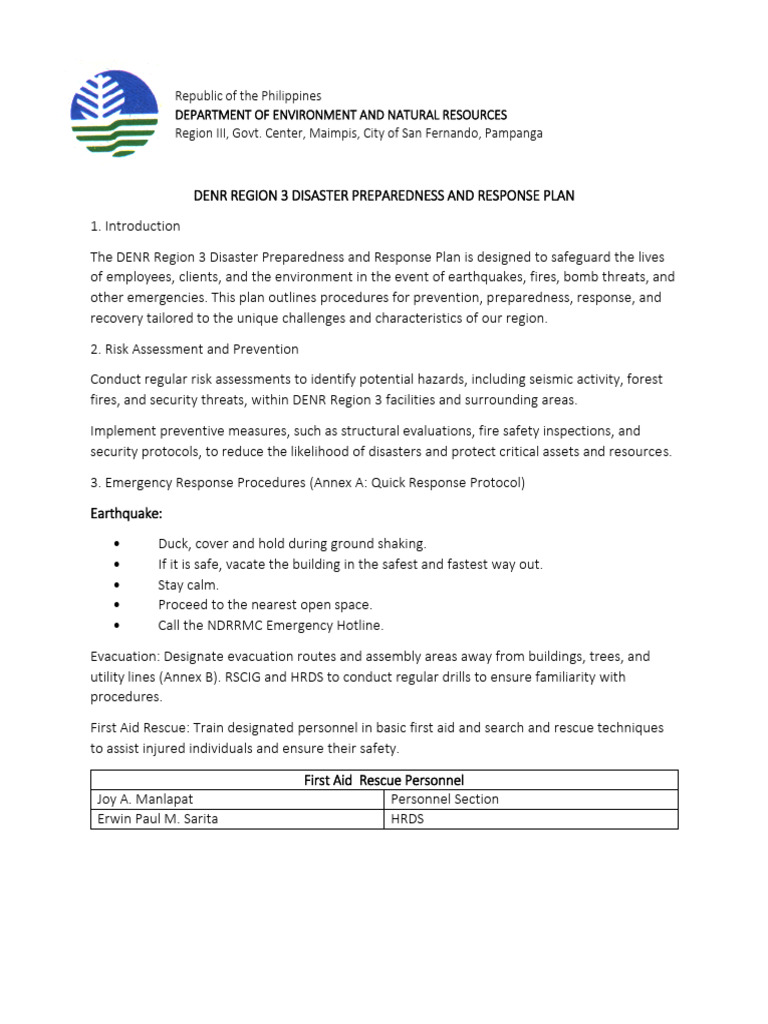 Denr Region 3 Disaster Preparedness and Response Plan | PDF | Emergency ...