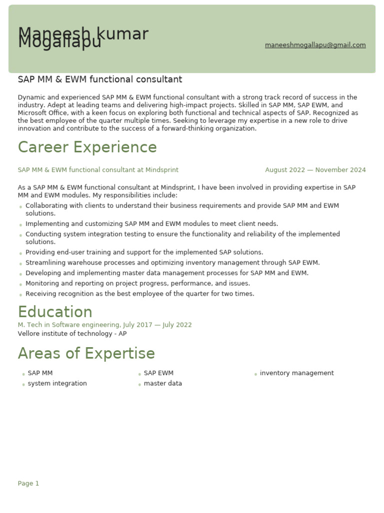 Maneesh Kumar Mogallapu - SAP MM & EWM Functional Consultant | PDF | Business
