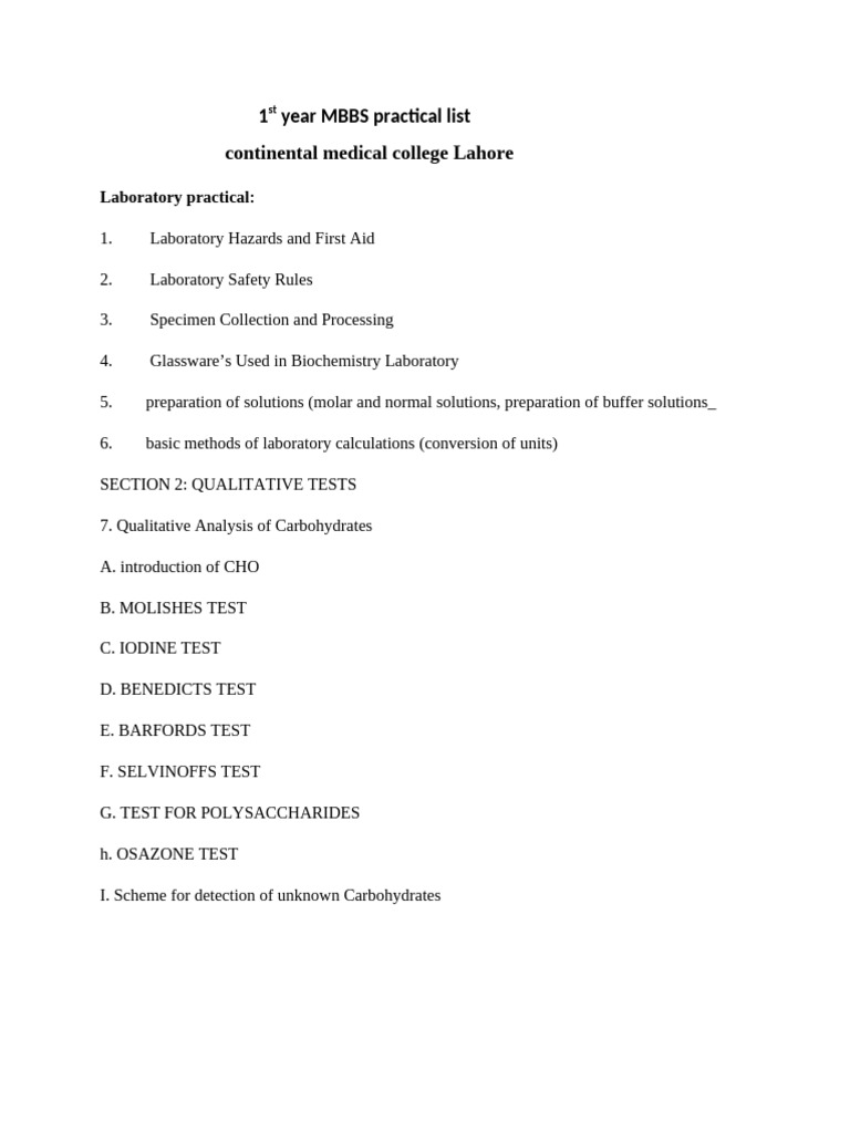 1st Year MBBS Practical List | PDF