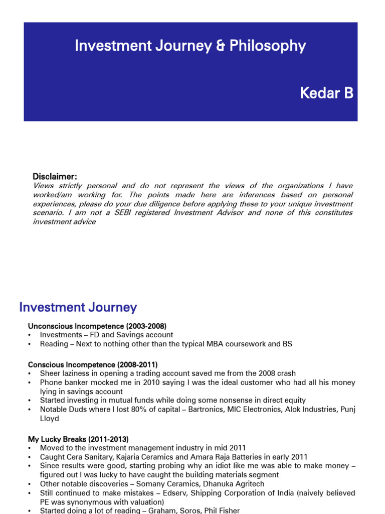 Kedar B - Investment Journey & Philosophy | PDF | Valuation (Finance) | Investing