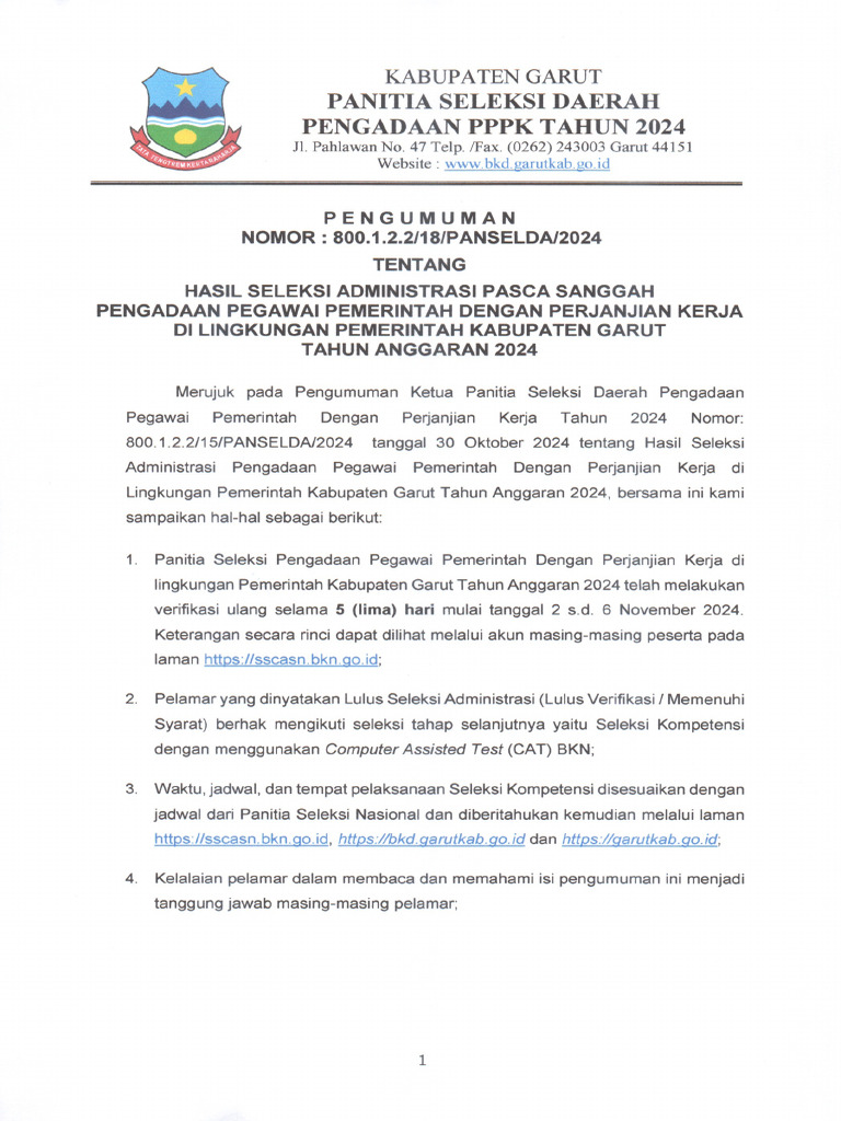 Hasil Seleksi Administrasi Pasca Sanggah Pengadaan Pegawai Pemkab Garut 2024 | PDF