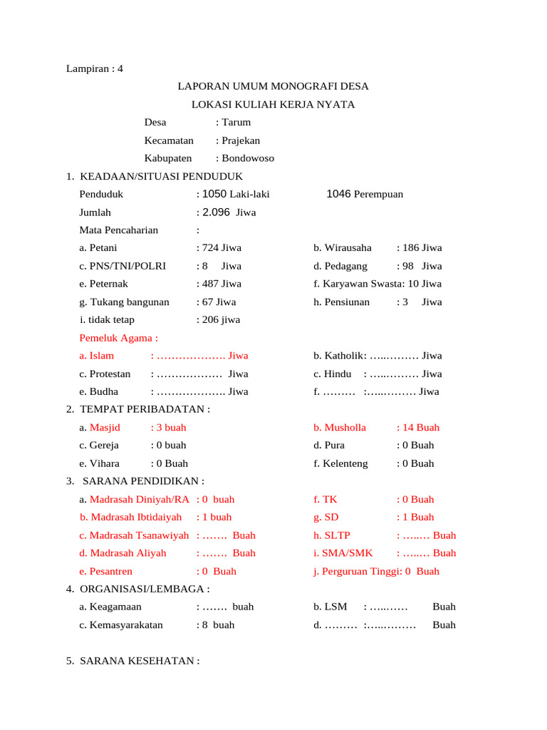 Lampiran - KKN - 2020 - Laporan - Umum - Monografi - Desa | PDF