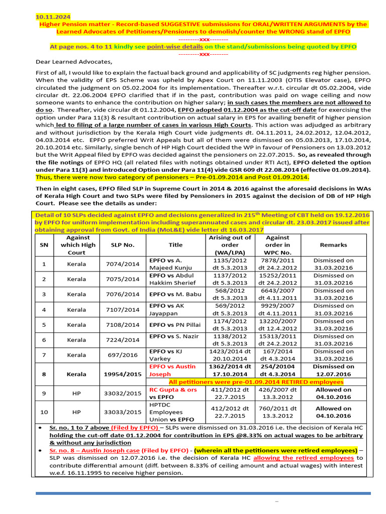 EPFO Higher Pension Legal Submissions | PDF | Employment Compensation ...