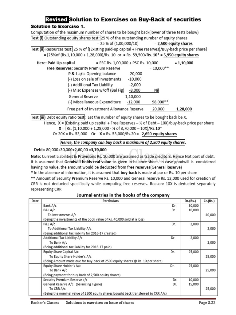 Revised Solutions 1 & 2 To Buy-Back of Equity Shares | PDF | Equity (Finance) | Goodwill ...