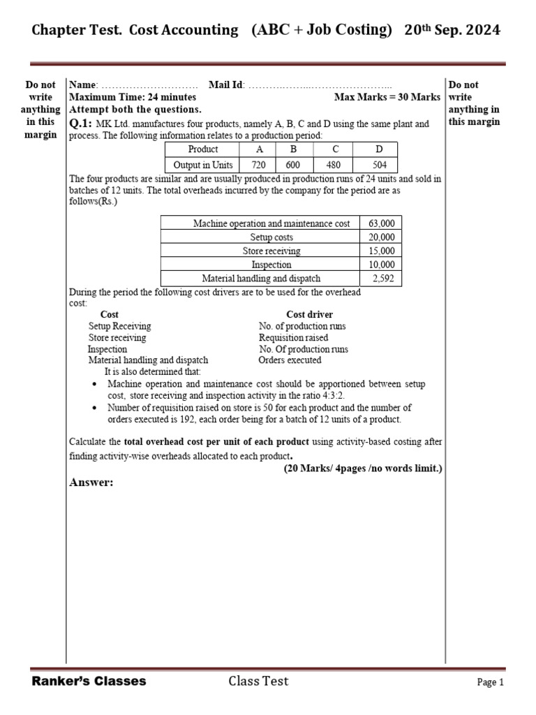 ABC - Job Costing Test Paper | PDF | Economies | Production And ...