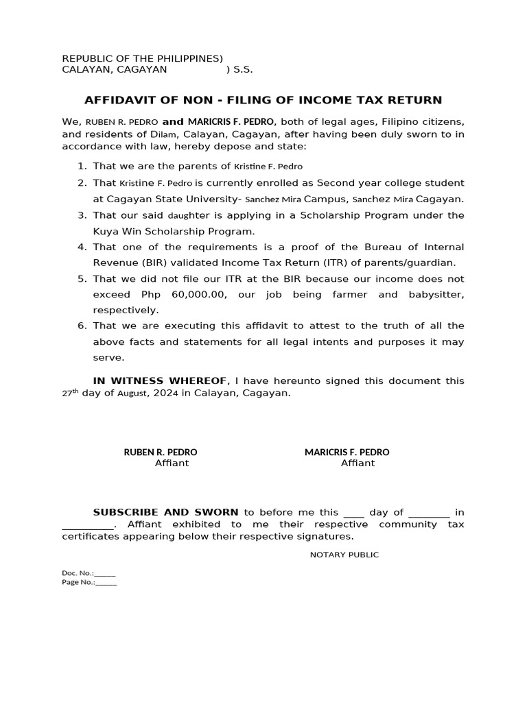 Affidavit of Non - Filing of Income Tax Return | PDF