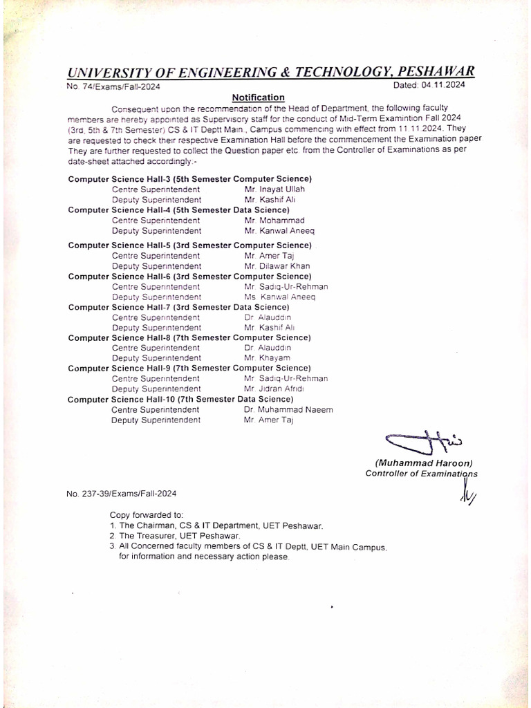 Mid Term Fall 2024 Date Sheet and Duty List For CS & DS 3rd, 5th, & 7th Semester | PDF