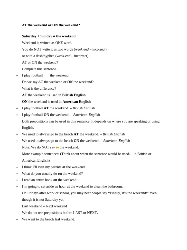 Weekend Prepositions Explained | PDF | Workweek And Weekend ...