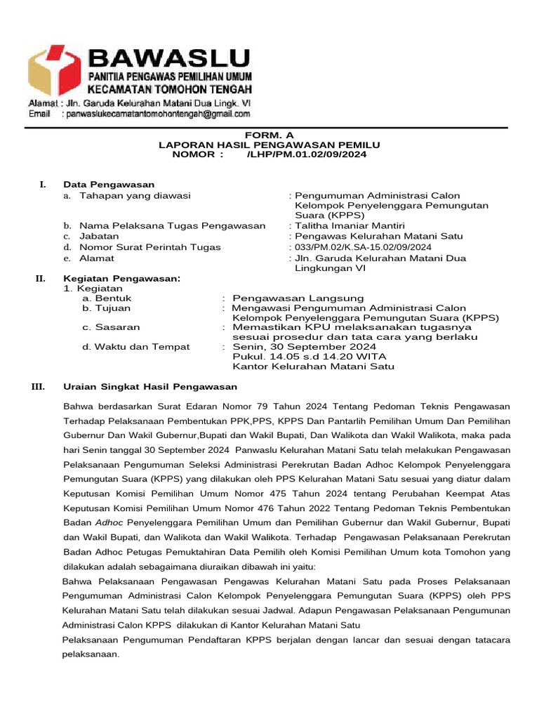 Laporan Pengawasan Pemilu KPPS 2024 | PDF