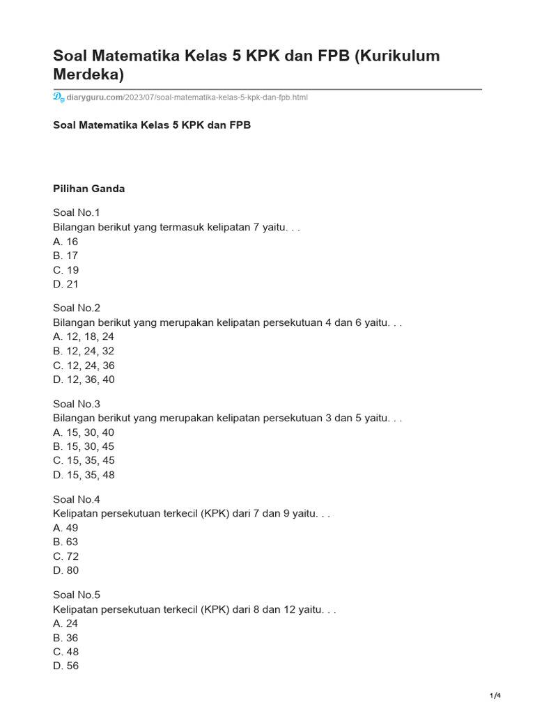 Soal Matematika Kelas 5 KPK Dan FPB Kurikulum Merdeka | PDF
