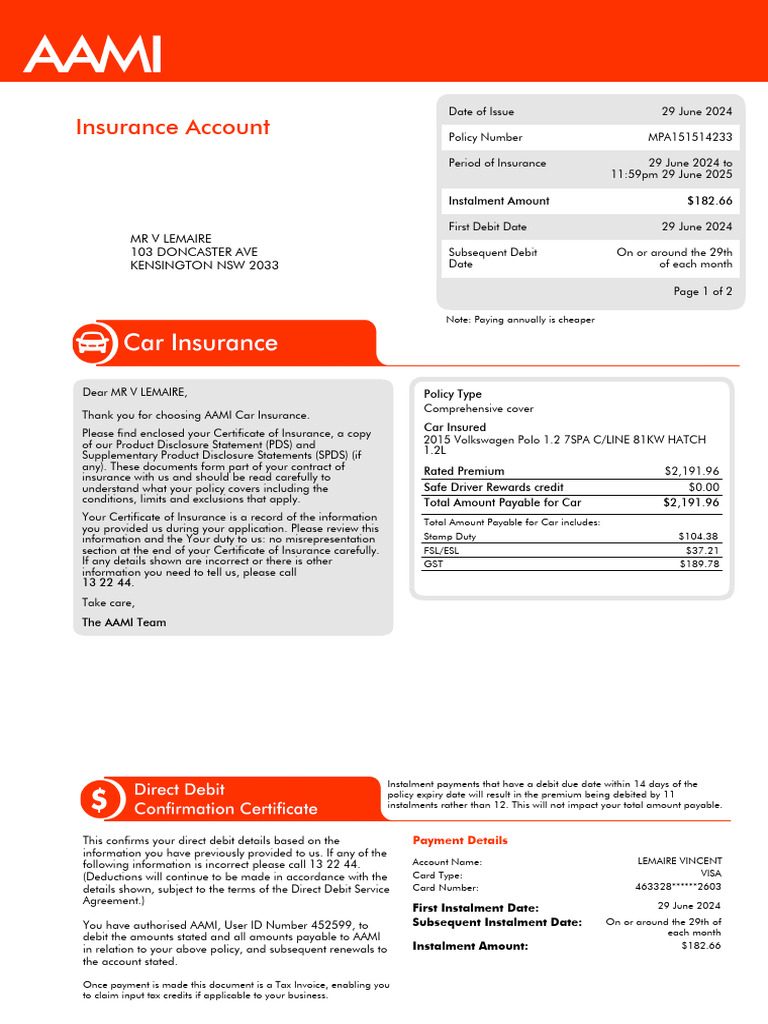 AAMI Car New Policy Account V LEMAIRE | PDF | Debit Card | Insurance