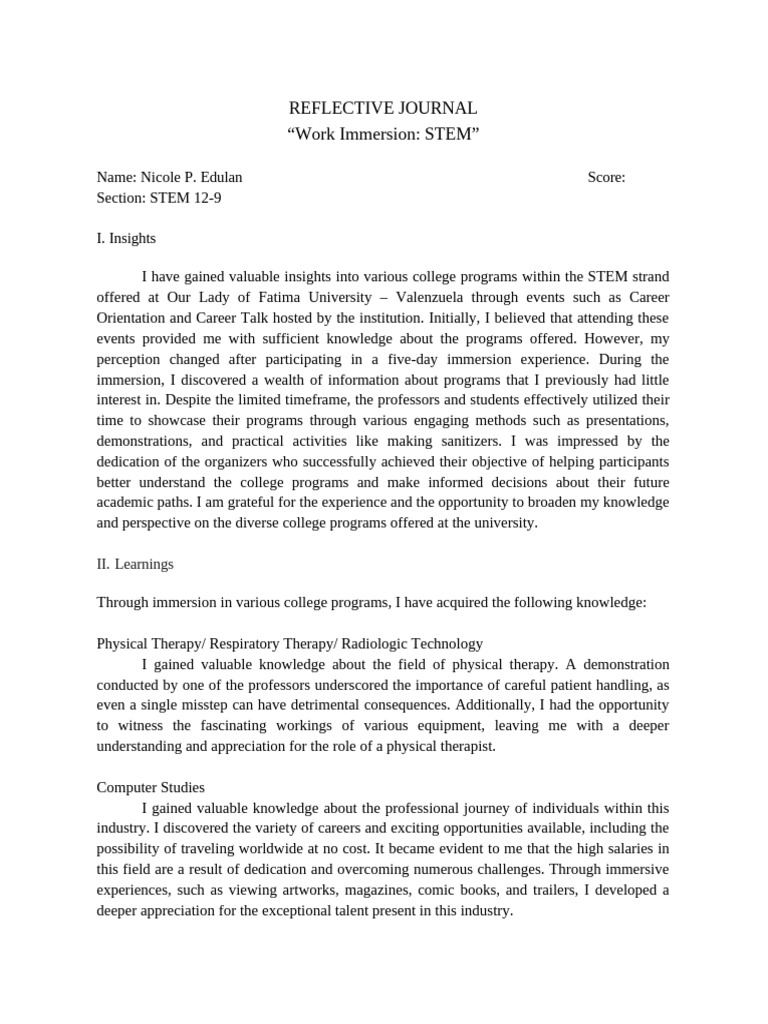Reflective Journal (Work Immersion) | PDF | Nursing | Pharmacist