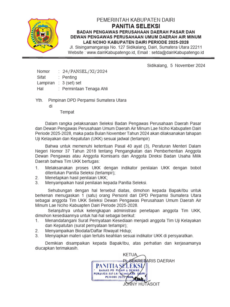 Surat UKK - Pimpinan DPD Perpamsi Sumatera Utara - 122659 | PDF