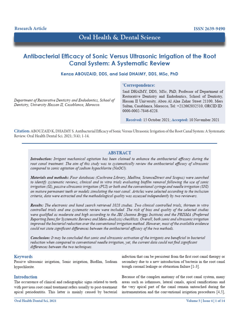 Antibacterial Efficacy of Sonic Versus Ultrasonic Irrigation of The Root Canal System A ...