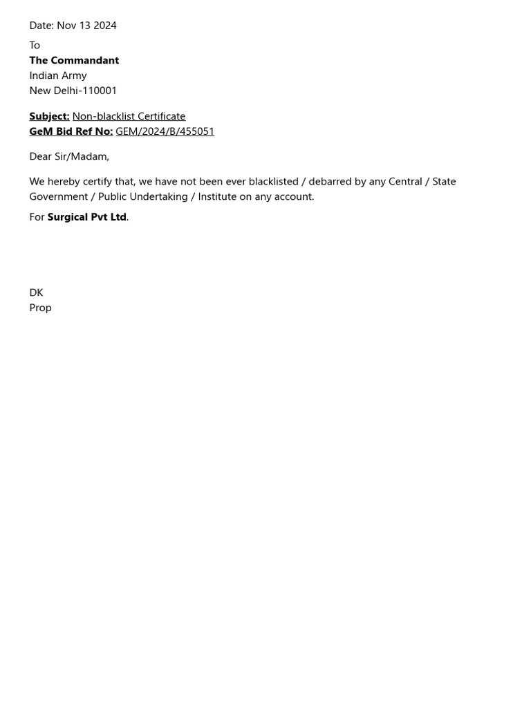 Non-Blacklist Certificate for GeM Bid | PDF | Business