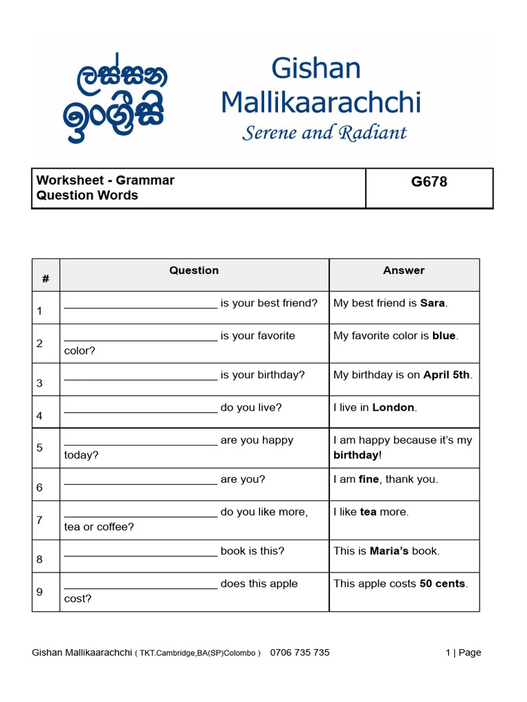 Question Words Grammar Worksheet | PDF