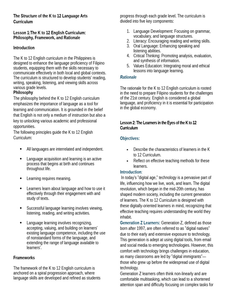 K to 12 Language Arts Curriculum Overview | PDF | Learning | Curriculum