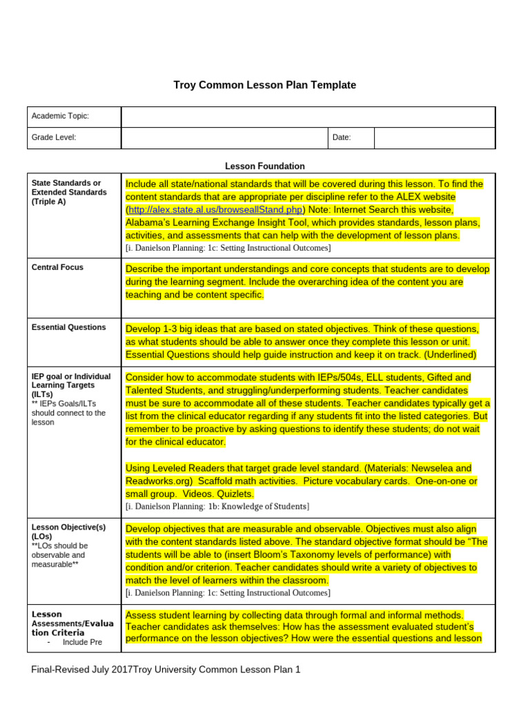 Troy Common Lesson Plan Template | PDF | Educational Assessment | Teachers