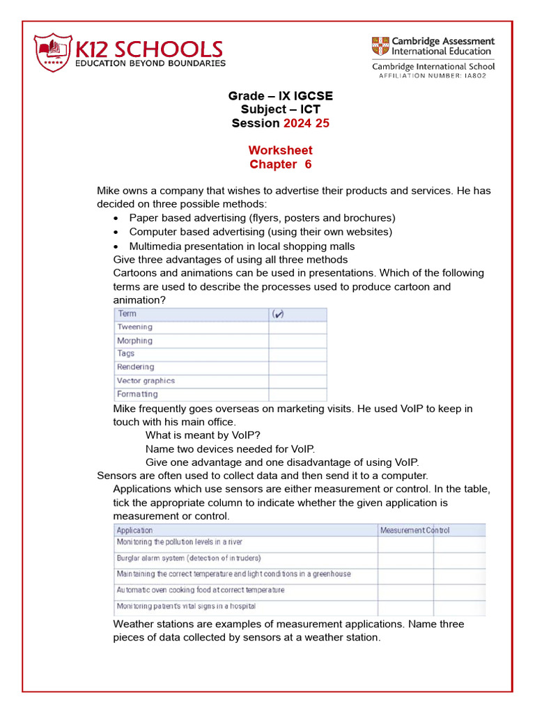 IGCSE ICT Chapter 6 Worksheet 2024 | PDF