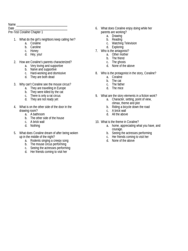 Coraline Pre Test No Answers | PDF