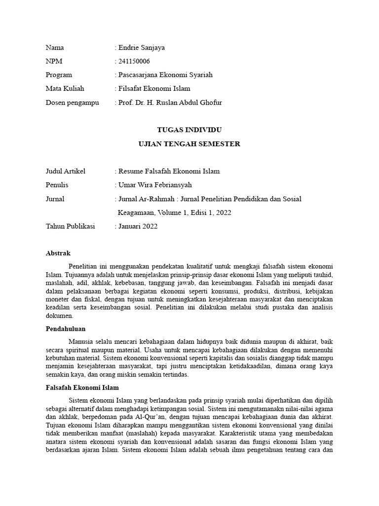 Resume Jurnal Falsafah Ekonomi Islam - Endrie Sanjaya | PDF | Karier & Perkembangan