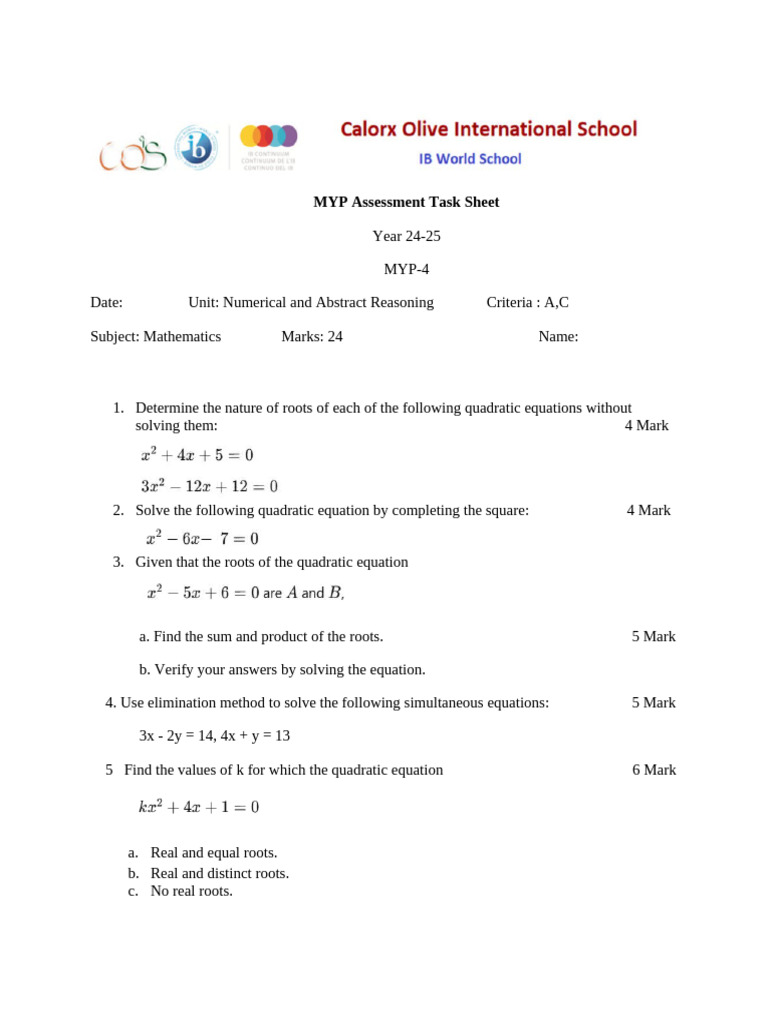 MYP Mathematics Assessment: Quadratics | PDF