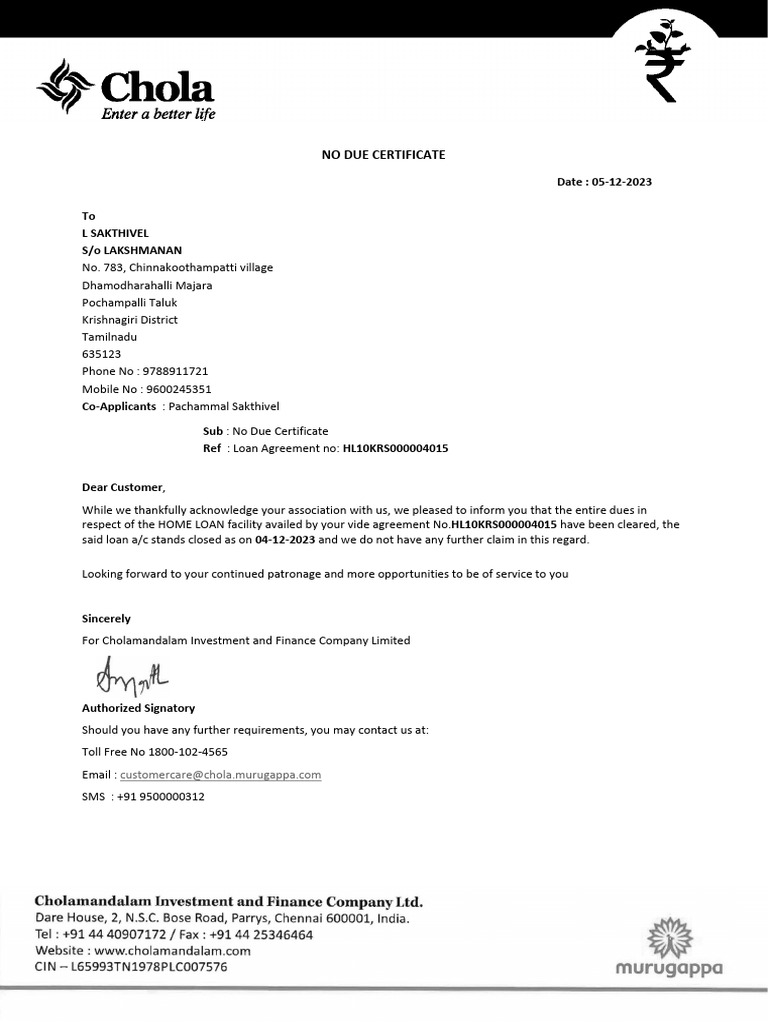 Chola NOC Sakthivel | PDF
