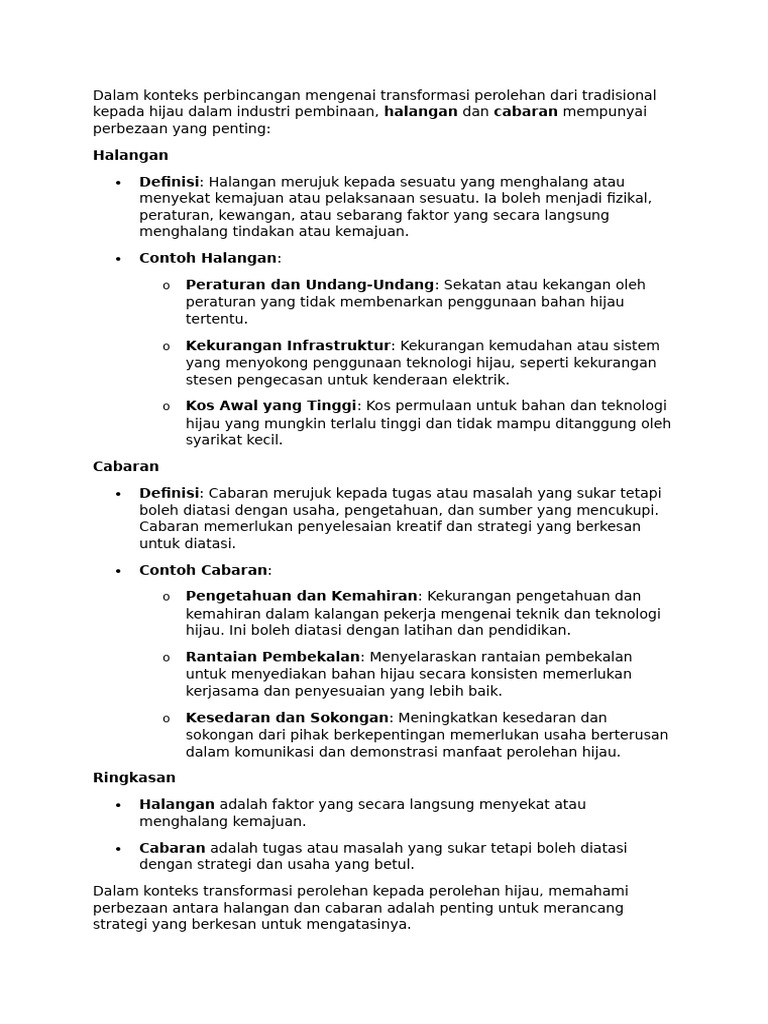 Perbezaan Halangan dan Cabaran Hijau | PDF | Karier & Perkembangan ...
