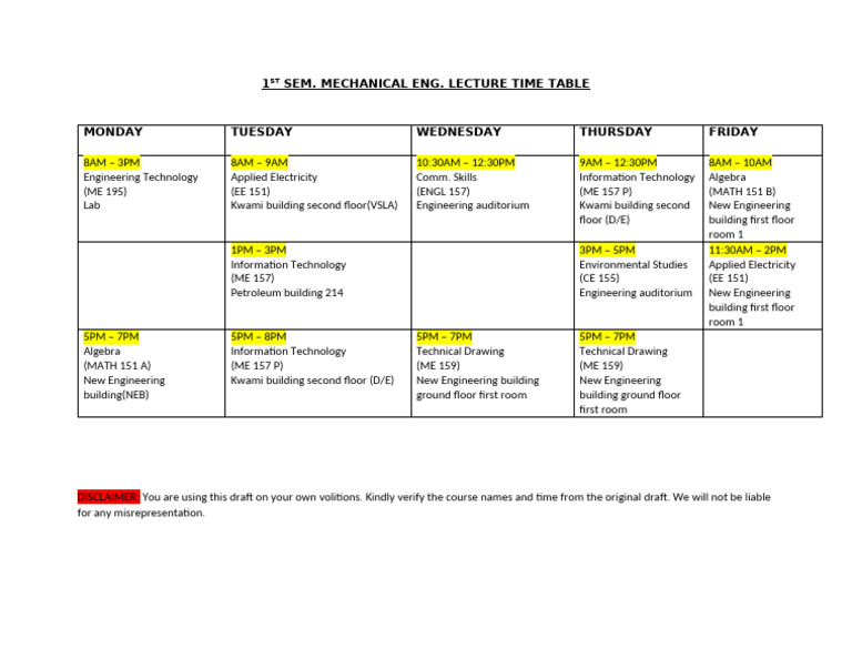 1st Sem Mech Lecture Time Table 2 | PDF