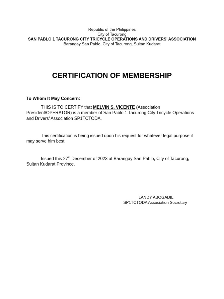 Certification of Membership - SP1TCTODA | PDF