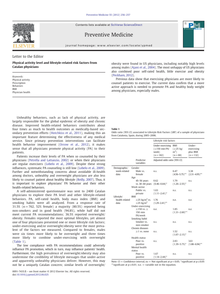 Pardo Et Al. 2012 - PA Level Catalan Physicians | PDF | Obesity | Body Mass Index