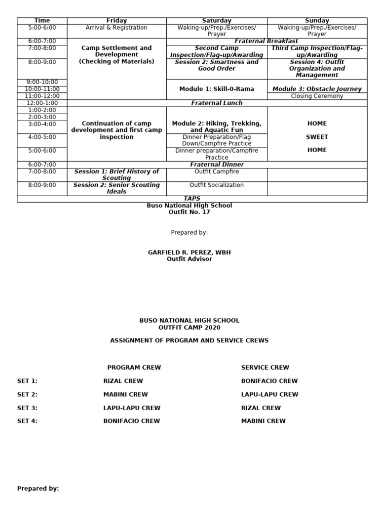 Camping Program of Activities | PDF