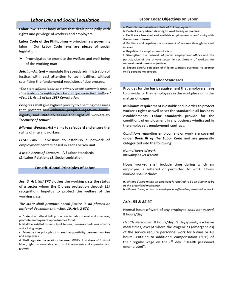 Philippine Labor Law Overview | PDF | Employment | Labour Law