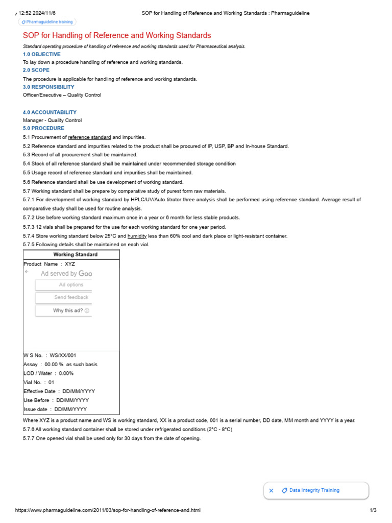 SOP For Handling of Reference and Working Standards - Pharmaguideline ...