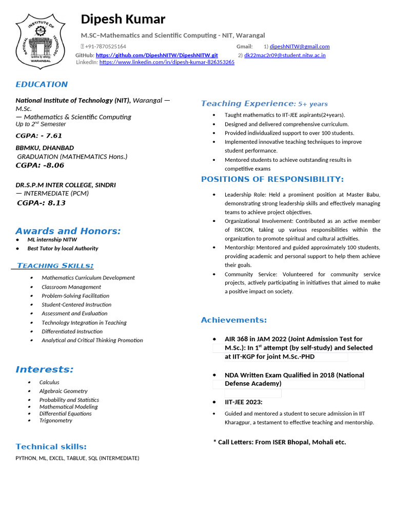 Dipesh Kumar: Mathematics & Teaching Profile | PDF | Mathematics | Mentorship