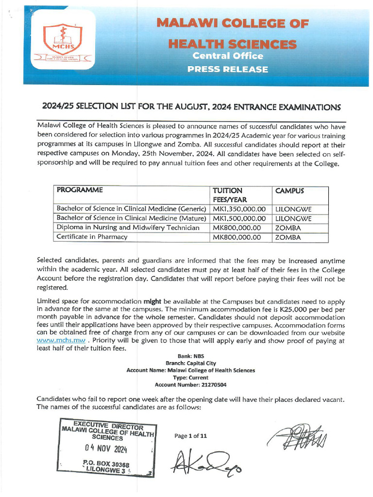2024 2025 BSC Clinical Medicine Pharmacy NMT Selection List | PDF