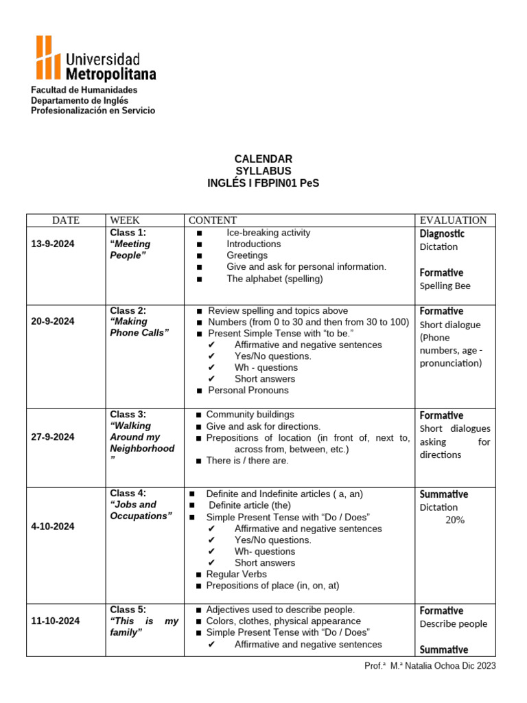 Inglés I - 24!25!1.topics - Grammar. Calendar | PDF | Verb | Adverb