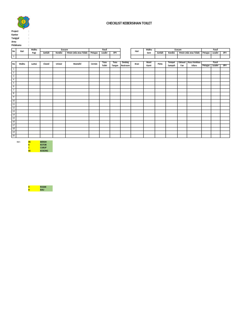 Checklist Kebersihan Toilet Gapins (Ecocare) | PDF