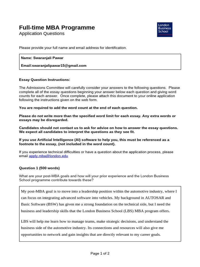 MBA - Essay - Questions - Template Version Date June 2024 | PDF ...