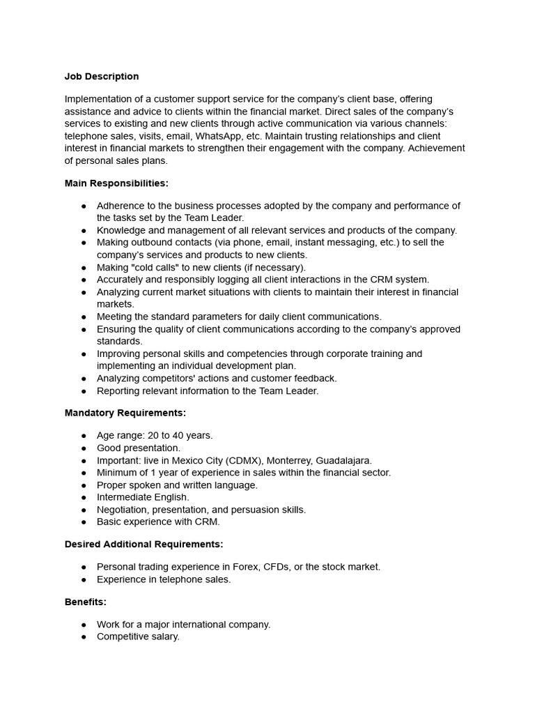 English Job Description-CXM | PDF | Sales | Customer Relationship ...
