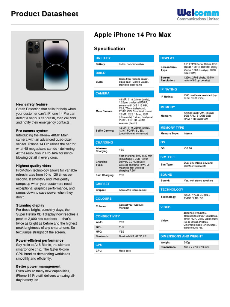 Apple Iphone 14 Pro Max Datasheet | PDF | Pixel | I Phone