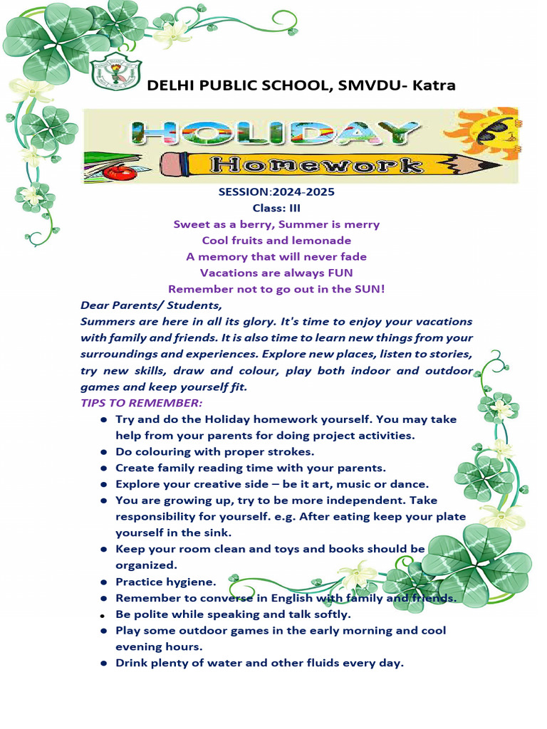 Class-3rd Holiday Homework | PDF