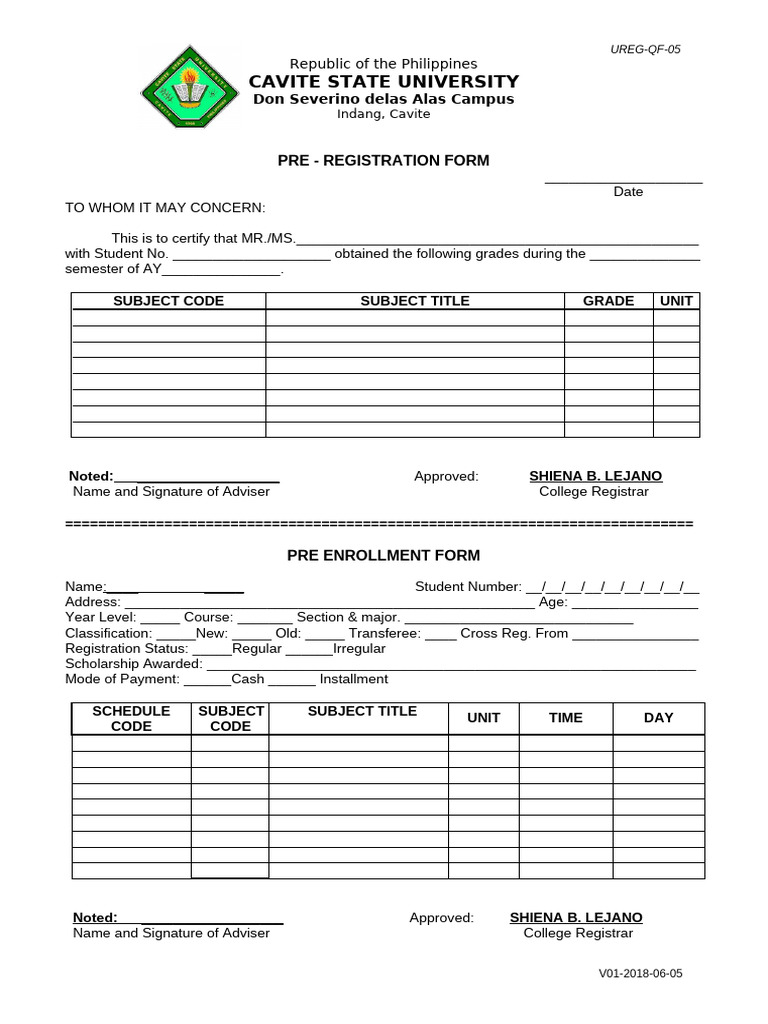 UREG QF 05 Pre Registration Form 1 | PDF | Career & Growth