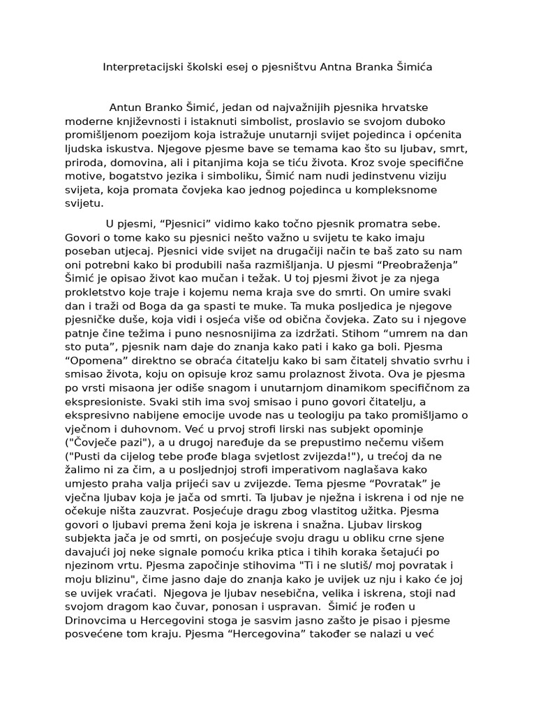 Interpretacijski Školski Esej o Pjesništvu Antna Branka Šimića | PDF