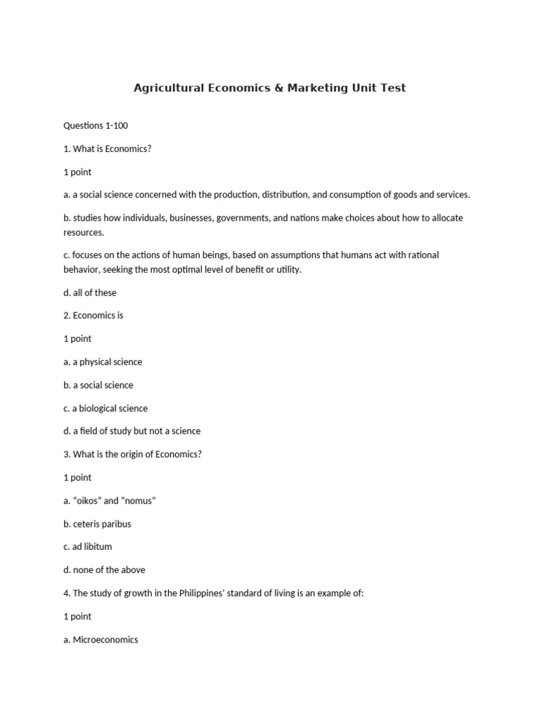 Agricultural Economics Test | PDF | Economic System | Utility