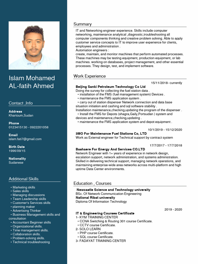 Islam Mohamed AL-fatih Ahmed CV | PDF | Technical Support | Databases