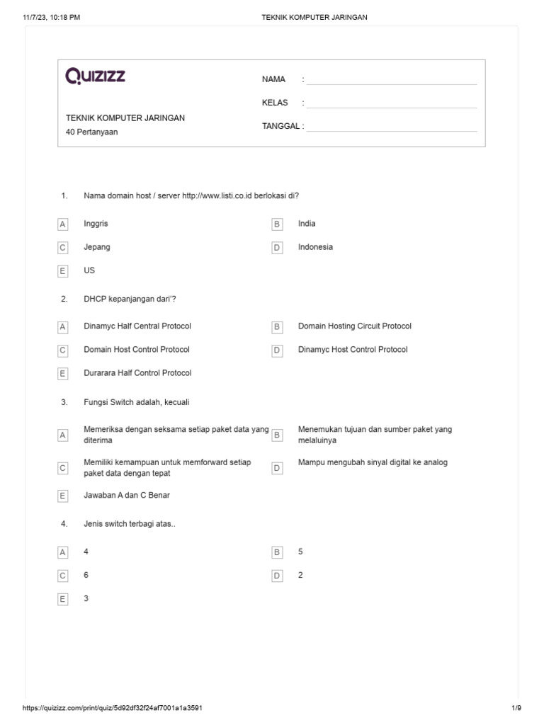Quiz Teknik Komputer Jaringan 40 Soal | PDF