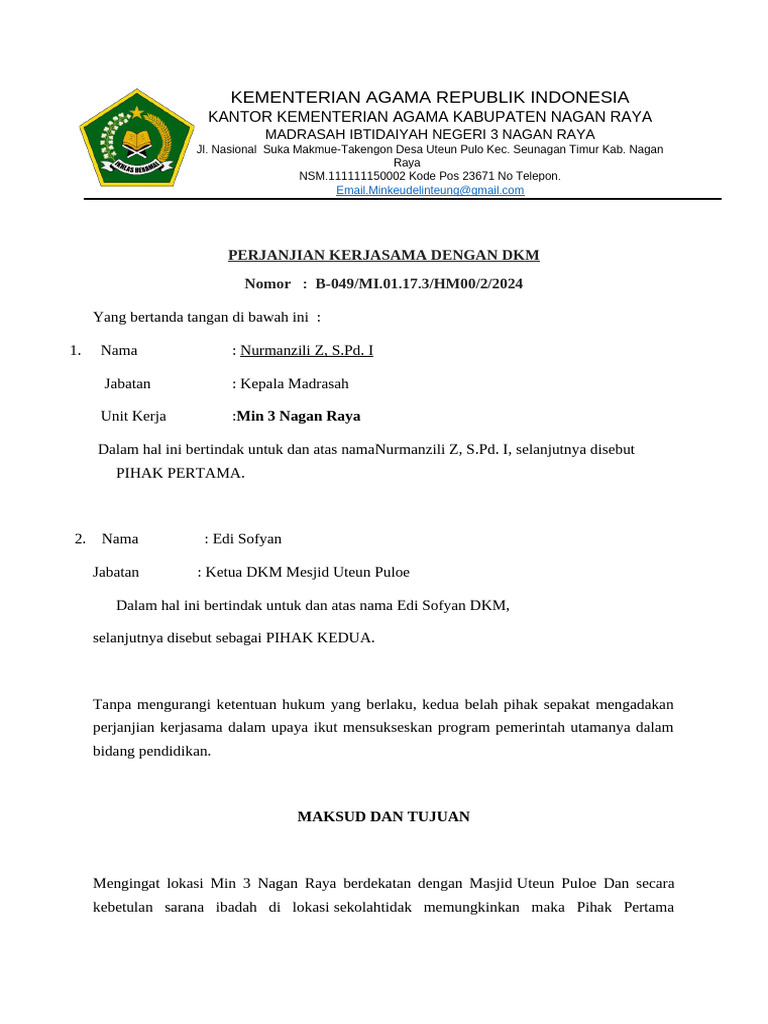 Contoh Surat Kerjasama Dengan DKM Mesjid Setempat. | PDF