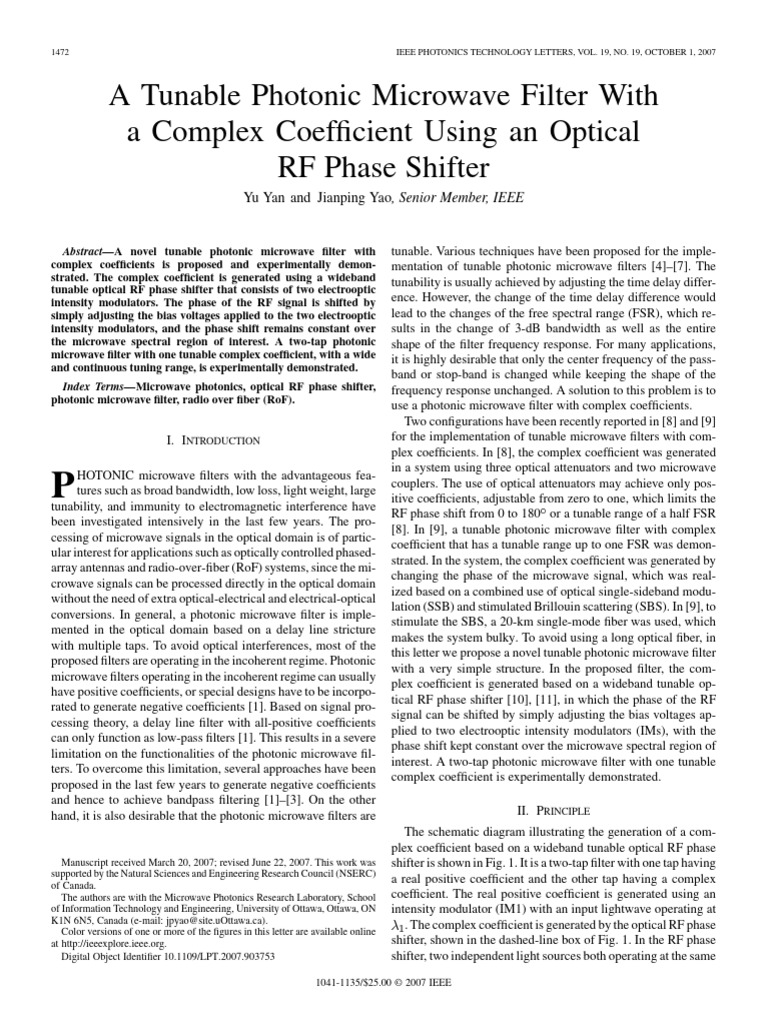 A Tunable Photonic Microwave Filter With A Complex Coefficient Using An ...