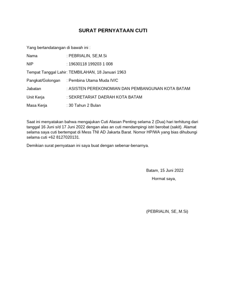 Surat Cuti Pebrialin 16-17 Juni 2022 | PDF